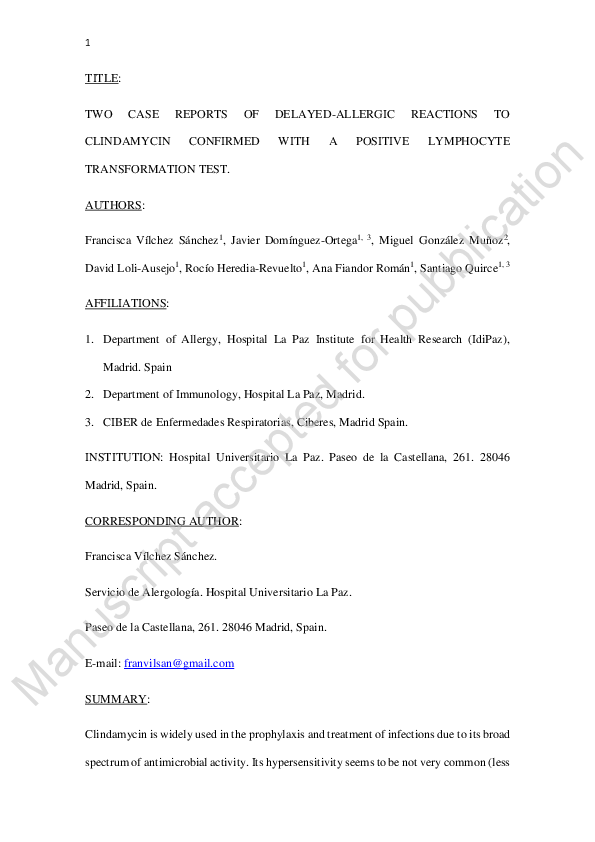 (PDF) Two case reports of delayed allergic reactions to clindamycin ...