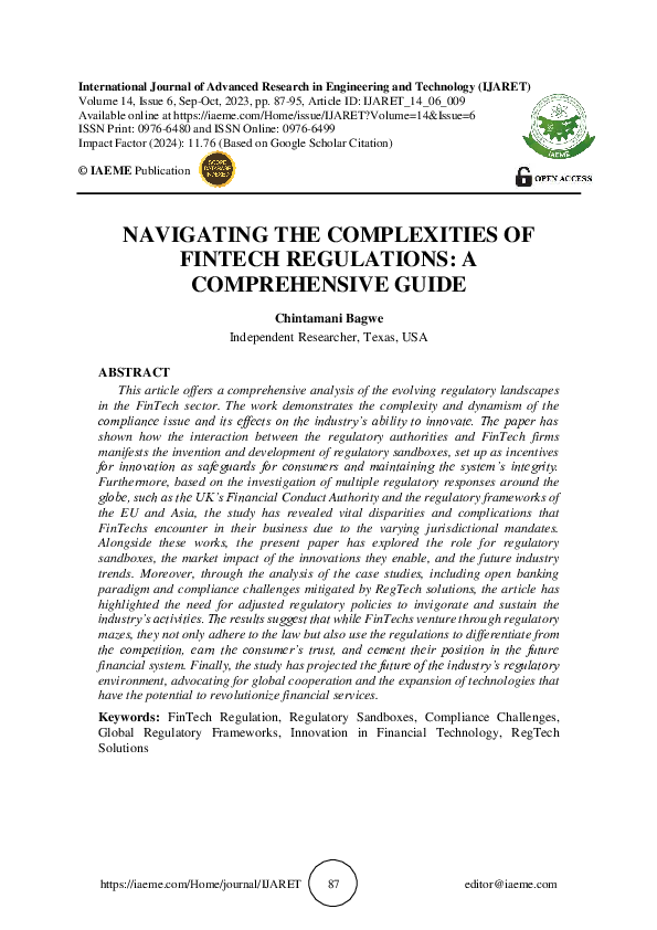 (PDF) NAVIGATING THE COMPLEXITIES OF FINTECH REGULATIONS: A COMPREHENSIVE GUIDE