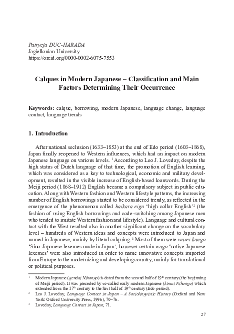 (PDF) Calques in Modern Japanese -Classification and Main Factors ...