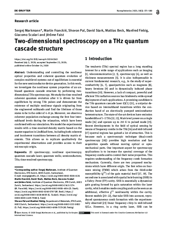 (PDF) Two-dimensional spectroscopy on a THz quantum cascade structure