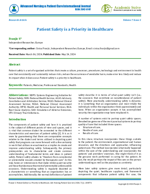 (PDF) Patient Safety is a Priority in Healthcare