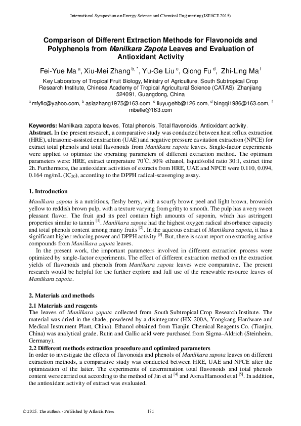 Pdf Comparison Of Different Extraction Methods For Flavonoids And