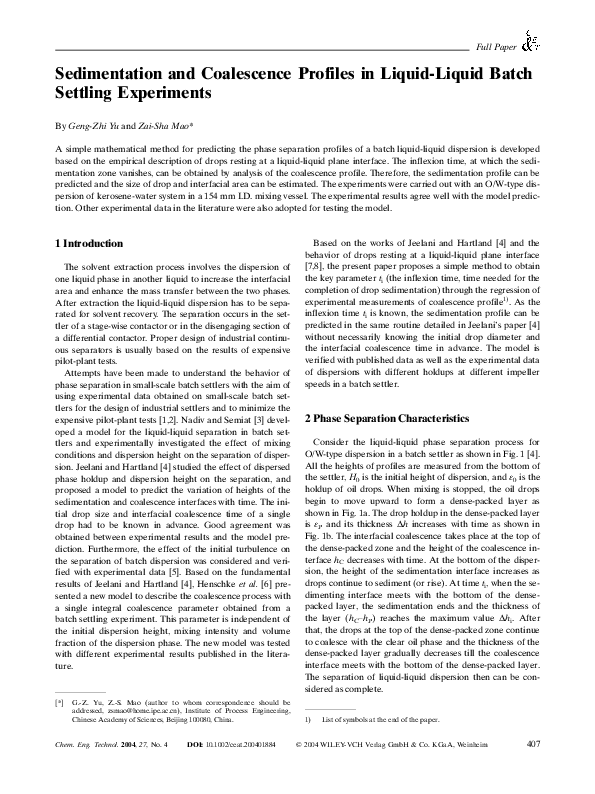 (PDF) Sedimentation and Coalescence Profiles in Liquid‐Liquid Batch Settling Experiments