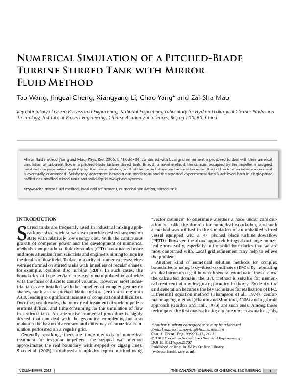 (PDF) Numerical simulation of a pitched-blade turbine stirred tank with ...