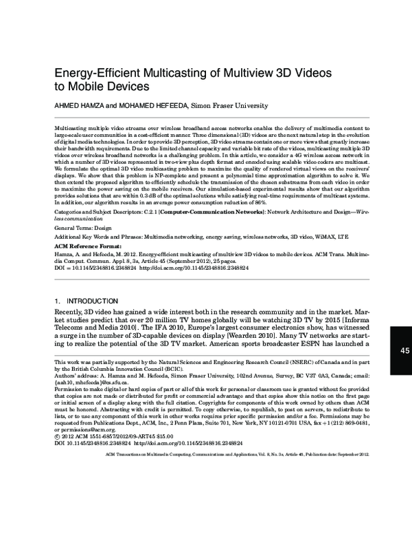 (PDF) Energy-efficient multicasting of multiview 3D videos to mobile devices | ahmed hamza ...