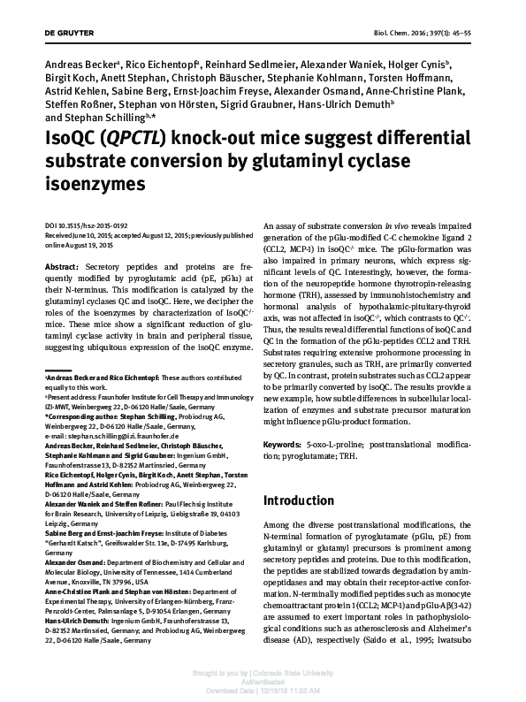 (PDF) IsoQC (QPCTL) knock-out mice suggest differential substrate ...