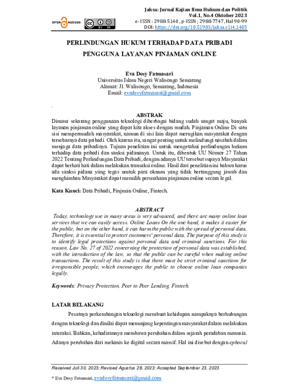 (PDF) Perlindungan Hukum Terhadap Data Pribadi Pengguna Layanan Pinjaman Online