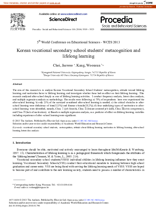 (PDF) Korean Vocational Secondary School Students’ Metacognition and ...