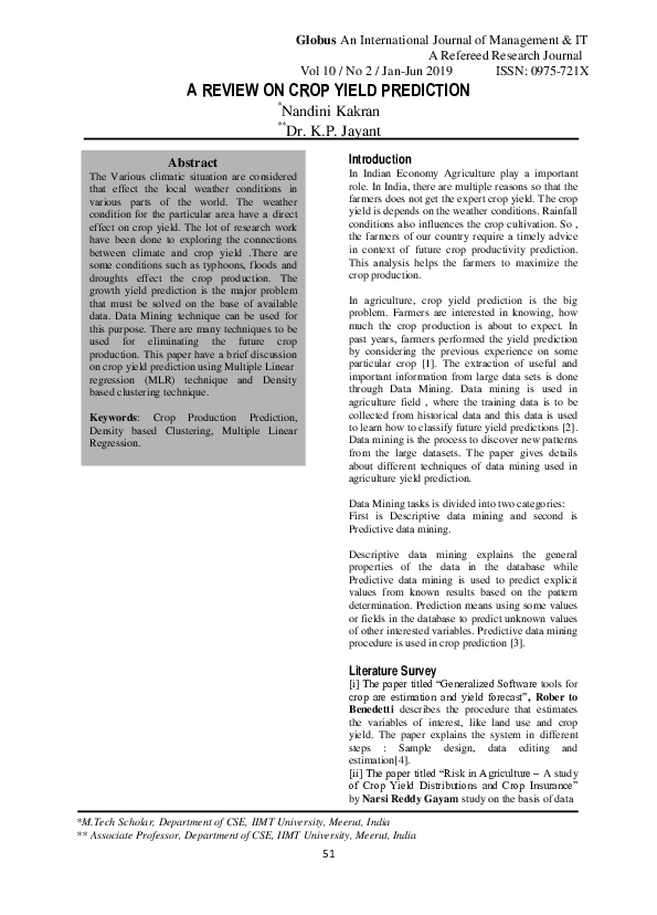 (PDF) A Review on Crop Yield Prediction