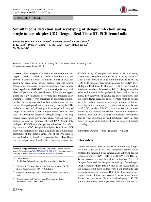 Pdf Simultaneous Detection And Serotyping Of Dengue Infection Using