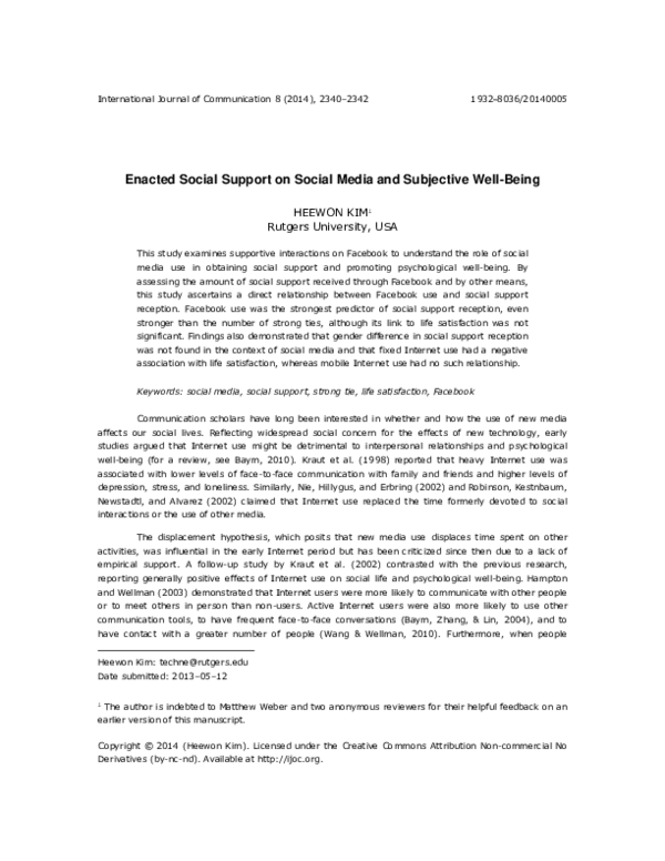 (PDF) Enacted Social Support on Social Media and Subjective Well-Being
