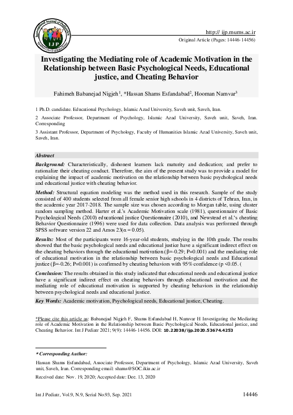 (PDF) Investigating the Mediating role of Academic Motivation in the Relationship between Basic ...
