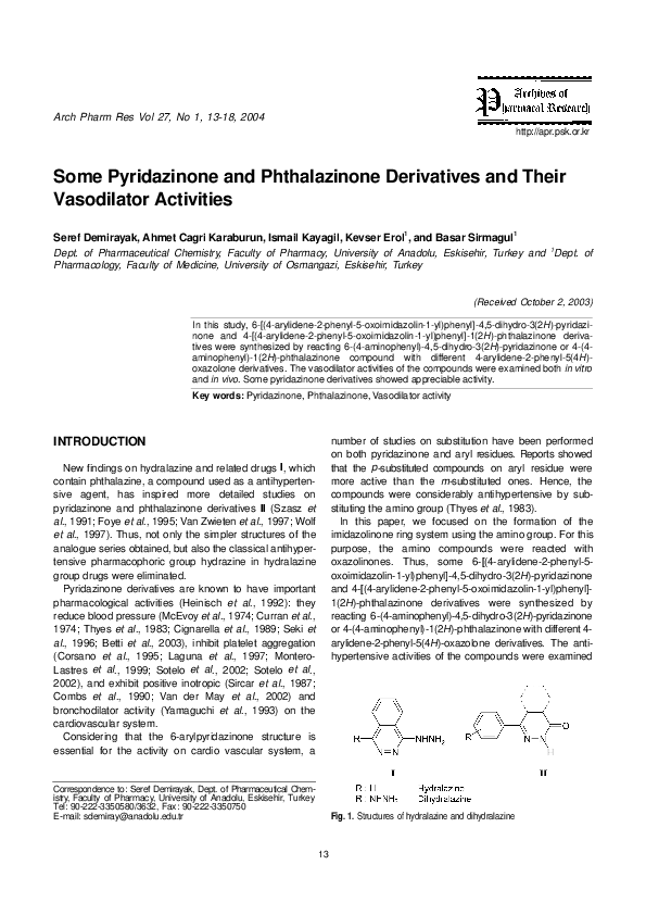 (PDF) Some pyridazinone and phthalazinone derivatives and their vasodilator activities | başar ...
