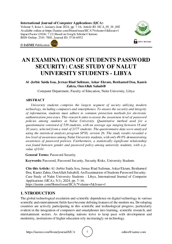 (PDF) AN EXAMINATION OF STUDENTS PASSWORD SECURITY: CASE STUDY OF NALUT UNIVERSITY STUDENTS - LIBYA