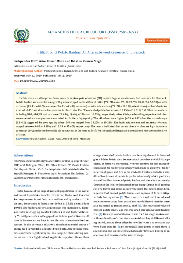 (PDF) Utilization of Potato Haulms: An Alternate Feed Resource for ...