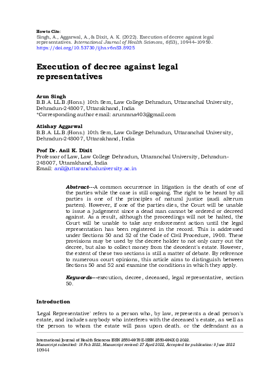 (PDF) Execution of decree against legal representatives