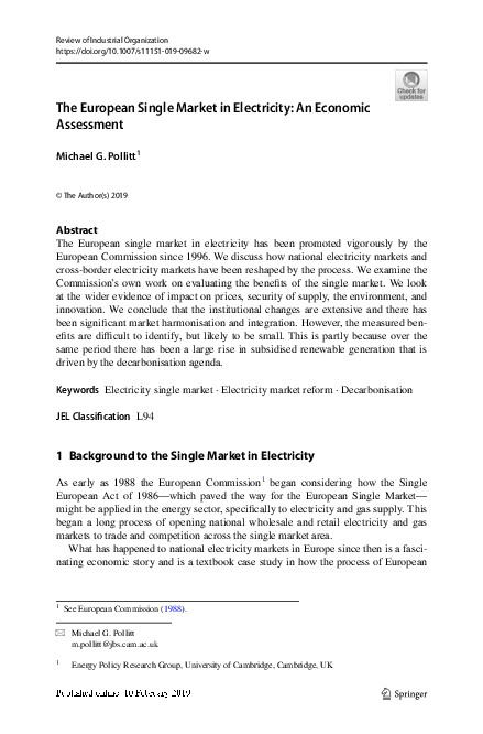 (PDF) The European Single Market in Electricity: An Economic Assessment