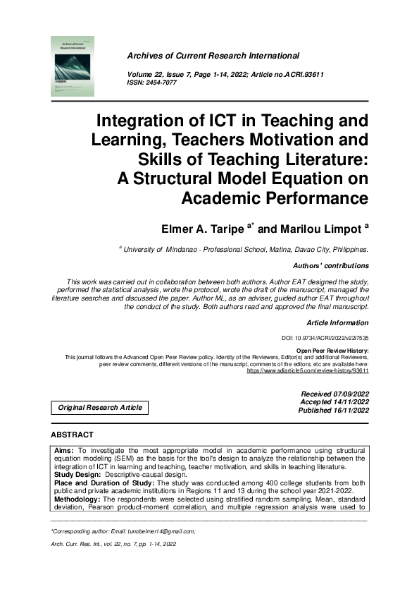 (PDF) Integration of ICT in Teaching and Learning, Teachers Motivation ...