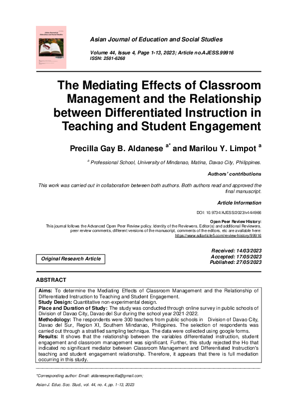 (PDF) The Mediating Effects of Classroom Management and the Relationship between Differentiated ...
