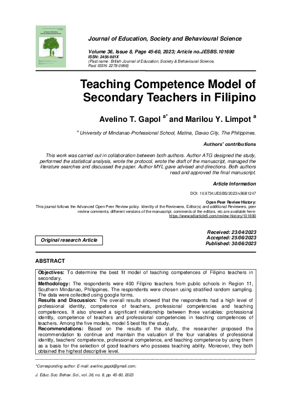 (PDF) Teaching Competence Model of Secondary Teachers in Filipino