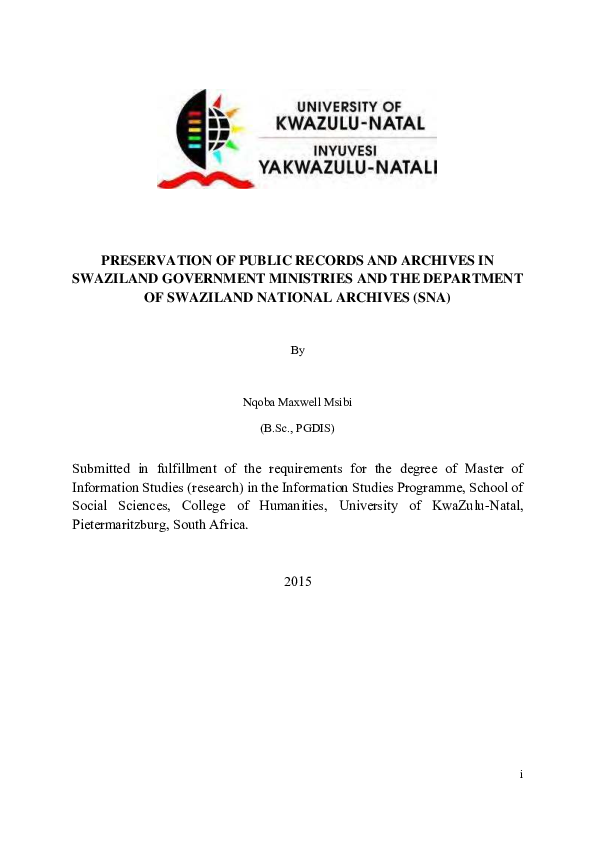 (PDF) Preservation of public records and archives in Swaziland ...
