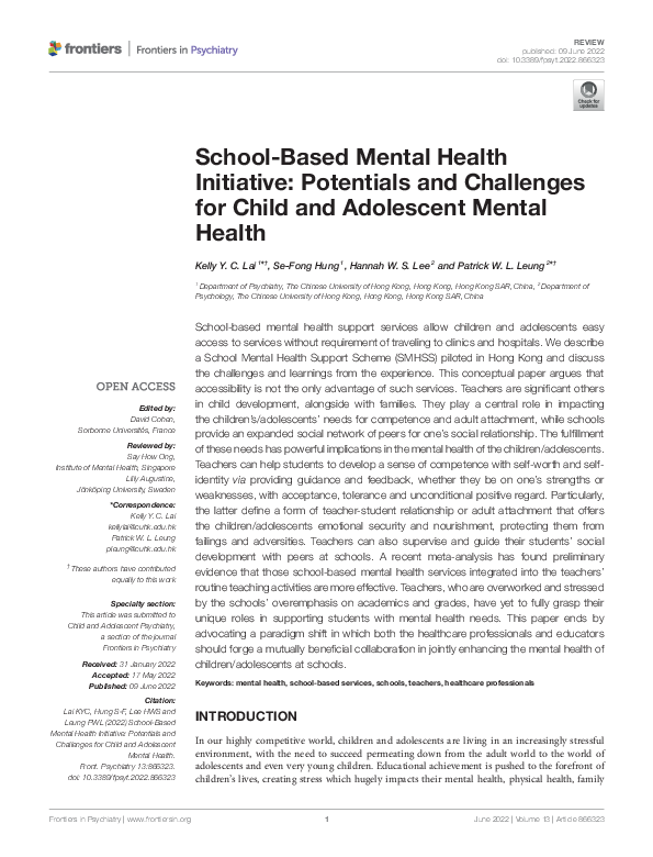 (PDF) School-Based Mental Health Initiative: Potentials and Challenges ...