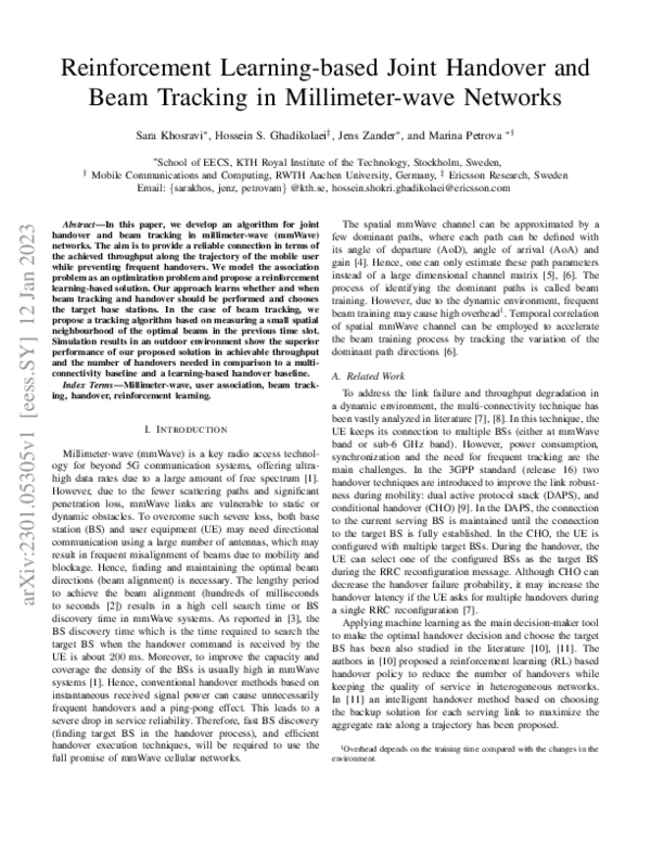 (PDF) Reinforcement Learning-based Joint Handover and Beam Tracking in Millimeter-wave Networks