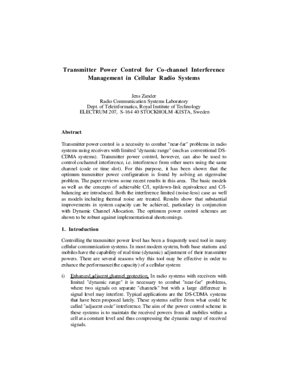 (PDF) Transmitter Power Control for Co-Channel Interference Management in Cellular Radio Systems ...