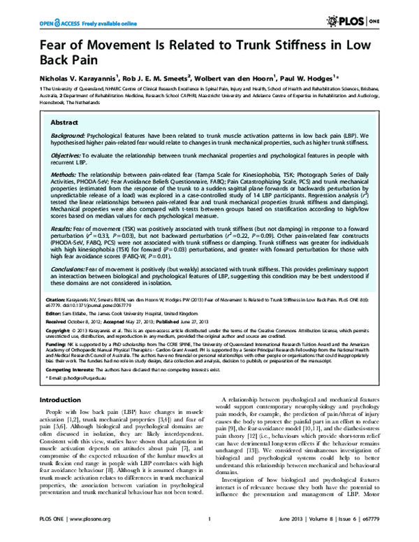 (PDF) Fear of Movement Is Related to Trunk Stiffness in Low Back Pain