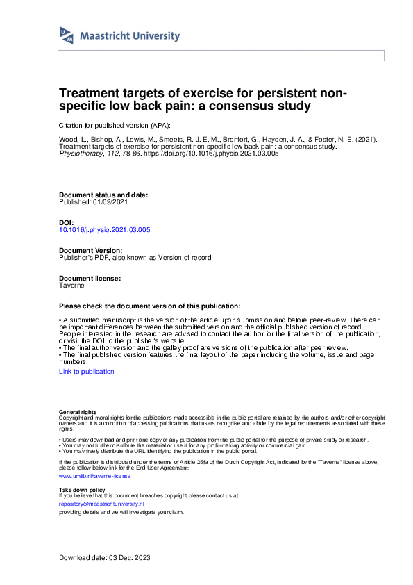(PDF) Treatment targets of exercise for persistent non-specific low back pain: a consensus study