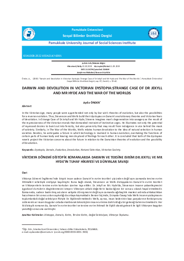 (PDF) DARWIN AND DEVOLUTION IN VICTORIAN DYSTOPIA:STRANGE CASE OF DR ...