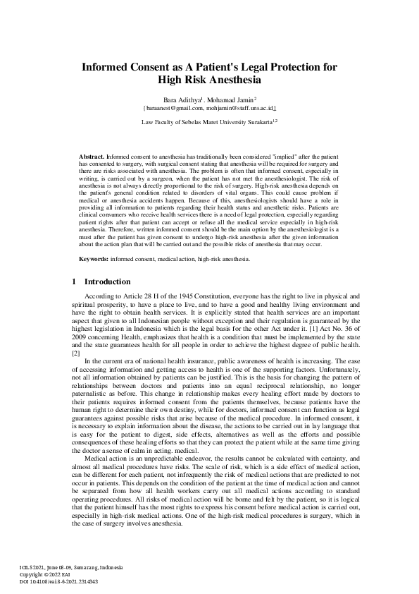 (PDF) Informed Consent as A Patient's Legal Protection for High Risk ...