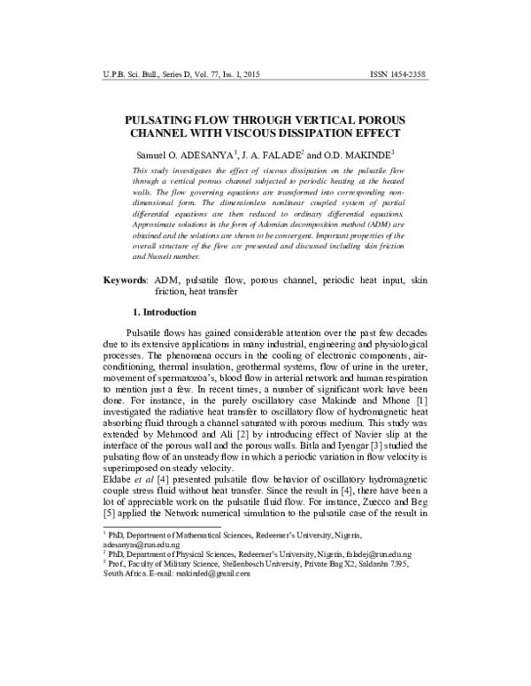 (PDF) Pulsating Flow Through Vertical Porous Channel with Viscous Dissipation Effect
