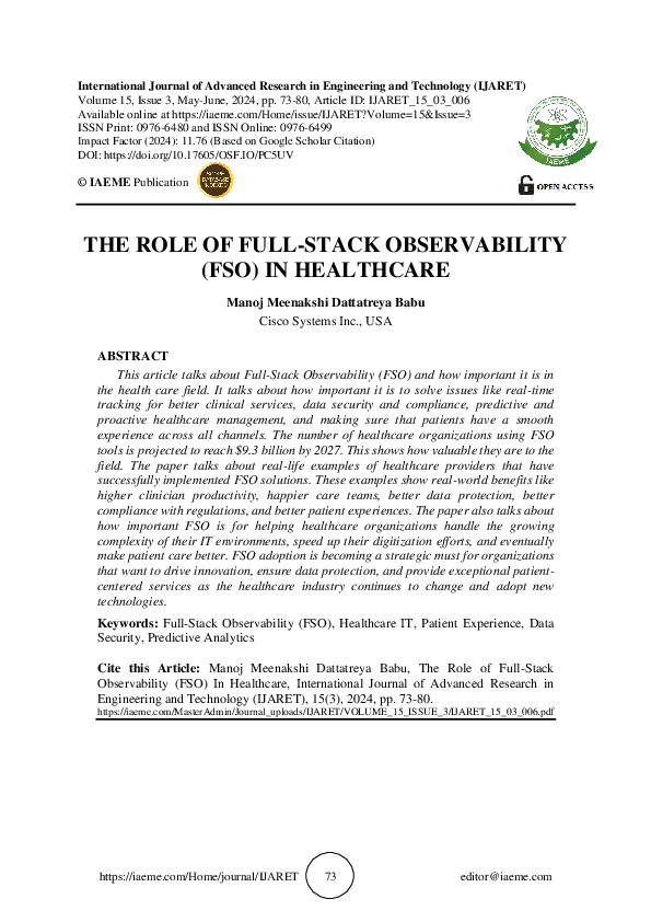 (PDF) THE ROLE OF FULL-STACK OBSERVABILITY (FSO) IN HEALTHCARE