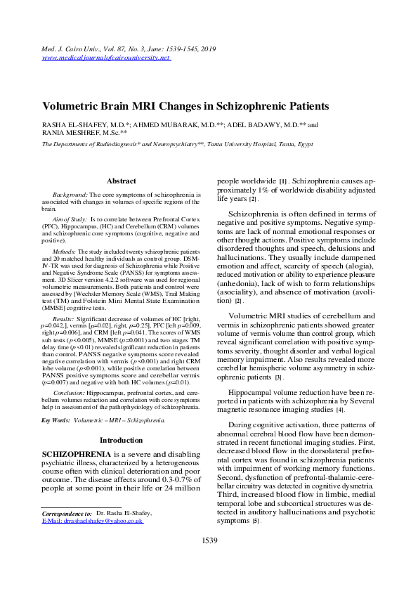 (PDF) Volumetric Brain MRI Changes in Schizophrenic Patients