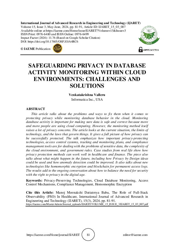 (PDF) SAFEGUARDING PRIVACY IN DATABASE ACTIVITY MONITORING WITHIN CLOUD ...
