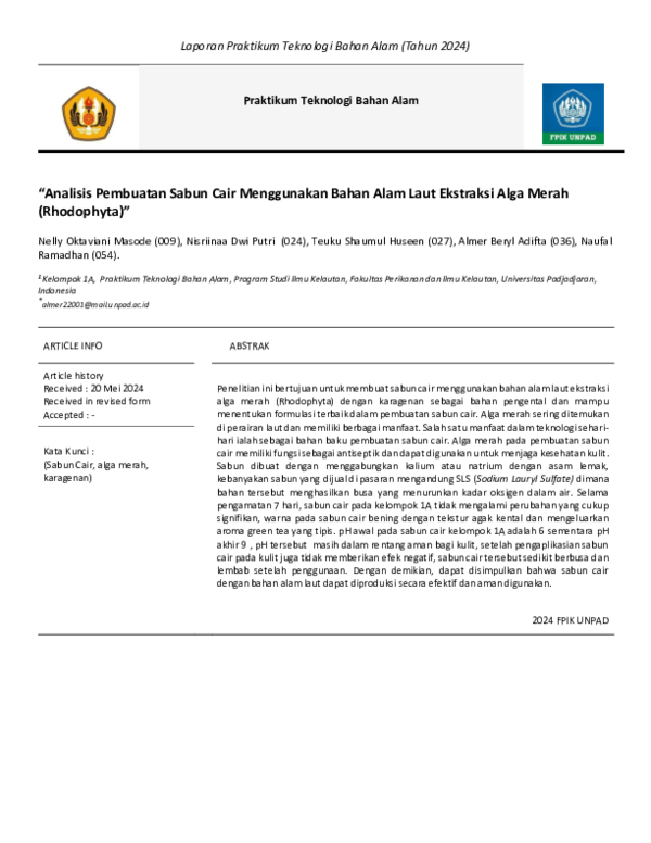 (PDF) "Analisis Pembuatan Sabun Cair Menggunakan Bahan Alam Laut Ekstraksi Alga Merah (Rhodophyta)"
