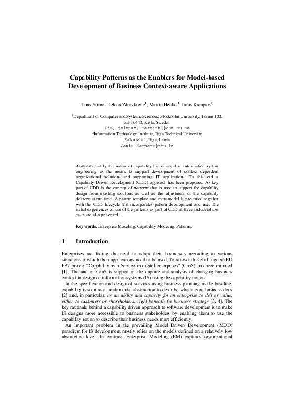 (PDF) Capability Patterns as the Enablers for Model-based Development of Business Context-aware ...