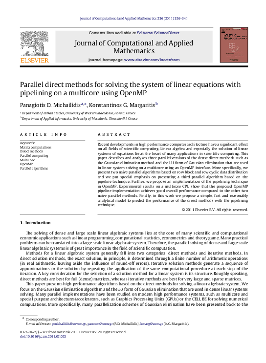 Pdf Parallel Direct Methods For Solving The System Of Linear Equations With Pipelining On A