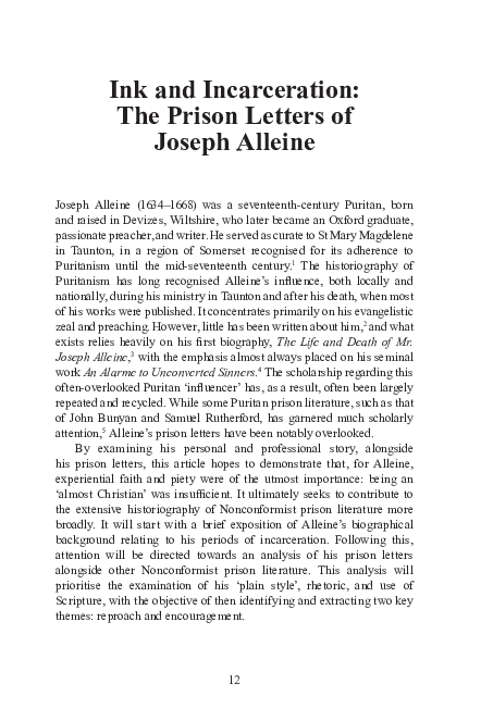 (PDF) Ink and incarceration: the prison letters of Joseph Alleine