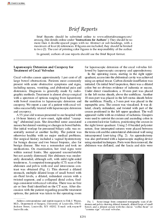 (PDF) Laparoscopic Detorsion and Cecopexy for Treatment of Cecal Volvulus