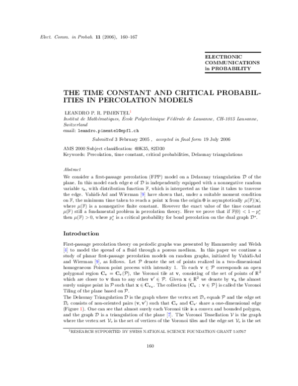 (PDF) The time constant and critical probabilities in percolation models
