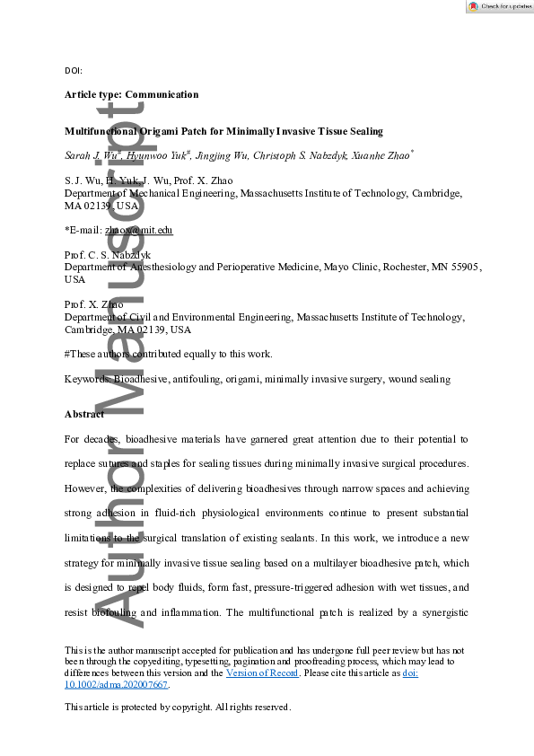 (PDF) A Multifunctional Origami Patch for Minimally Invasive Tissue Sealing