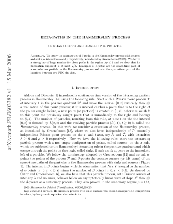 (PDF) Beta-Paths in the Hammersley Process