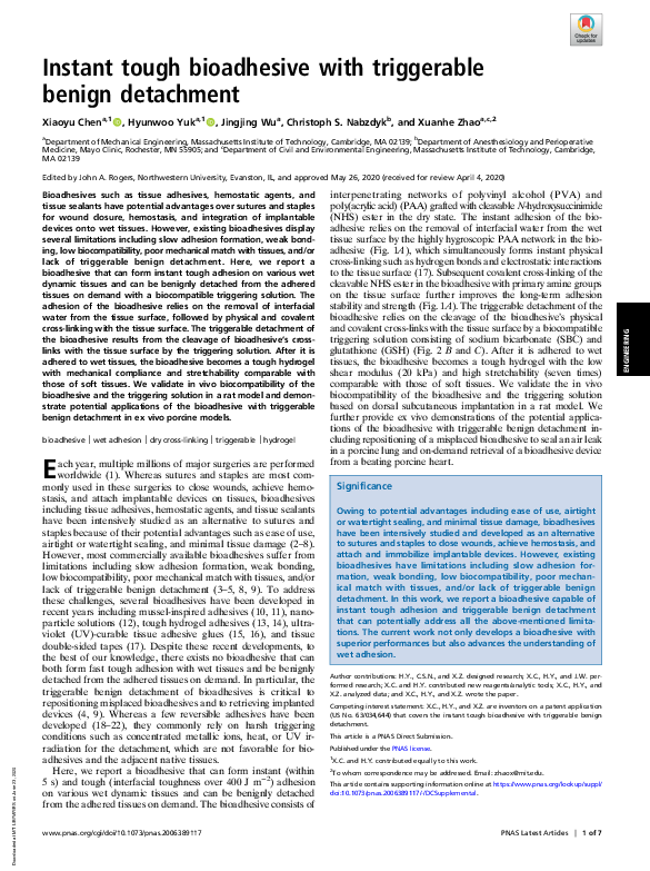 (PDF) Instant tough bioadhesive with triggerable benign detachment