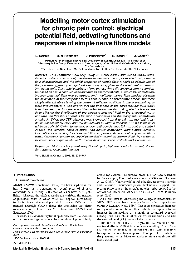 (PDF) Modelling motor cortex stimulation for chronic pain control: Electrical potential field ...