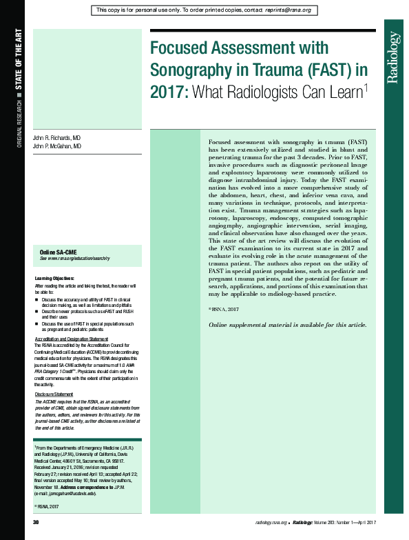 (PDF) Focused assessment with sonography in trauma (FAST) for the ...