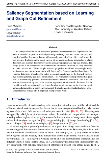 (PDF) Saliency Segmentation based on Learning and Graph Cut Refinement