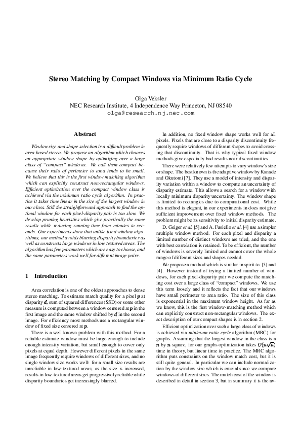 (PDF) Stereo matching by compact windows via minimum ratio cycle