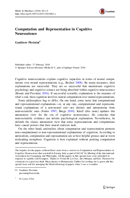 (PDF) Computation and Representation in Cognitive Neuroscience